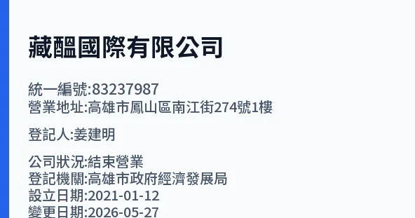 藏醞國際有限公司的照片-統編 83237987(高雄市) 公司登記資料與營業項目詳細圖表