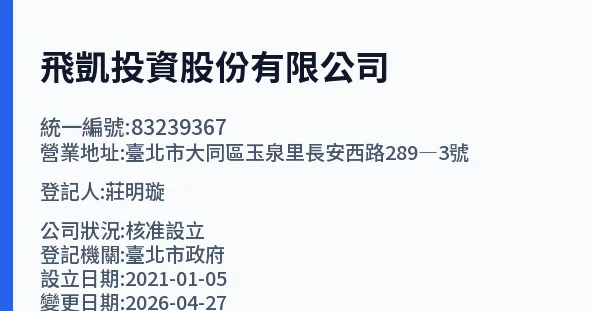 飛凱投資股份有限公司的照片-統編 83239367(臺北市) 公司登記資料與營業項目詳細圖表