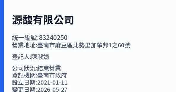 源馥有限公司的照片-統編 83240250(臺南市) 公司登記資料與營業項目詳細圖表