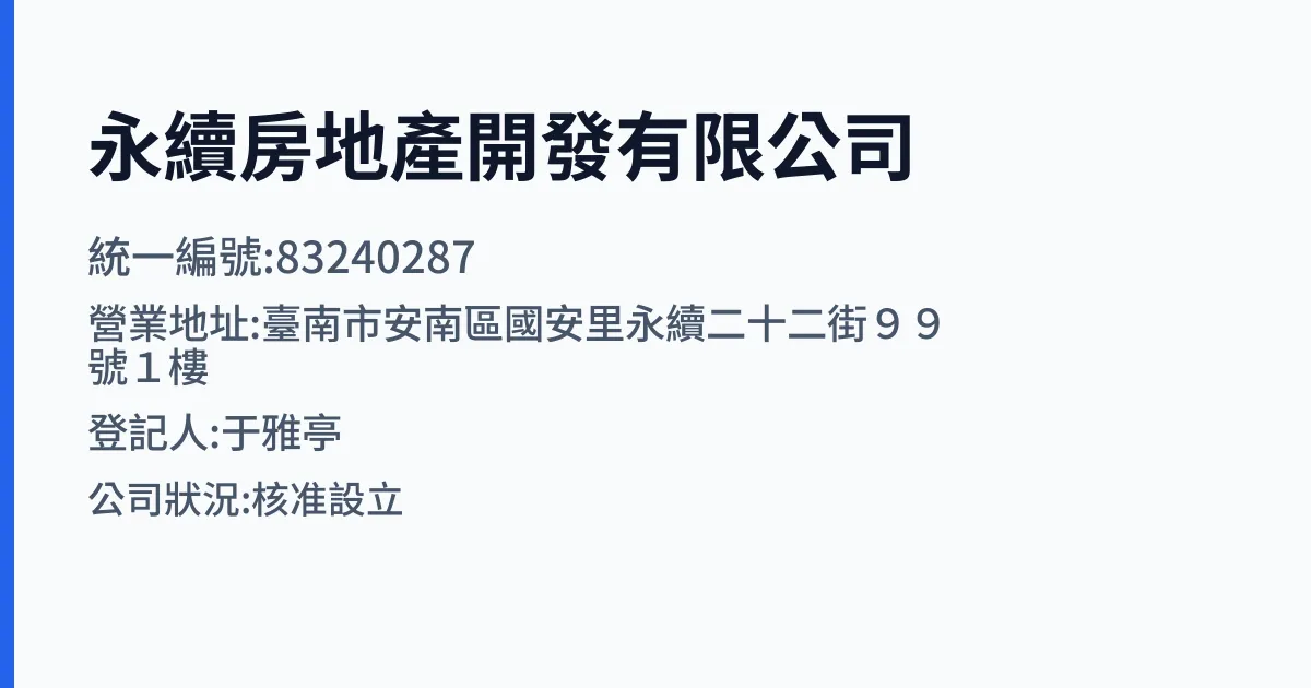 永續房地產開發有限公司 - 統編 83240287(臺南市) 公司登記資料與營業項目詳細圖表
