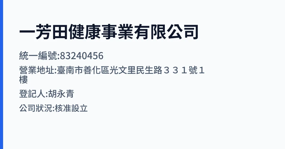 一芳田健康事業有限公司 - 統編 83240456(臺南市) 公司登記資料與營業項目詳細圖表