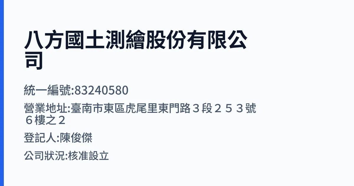 八方國土測繪股份有限公司 - 統編 83240580(臺南市) 公司登記資料與營業項目詳細圖表