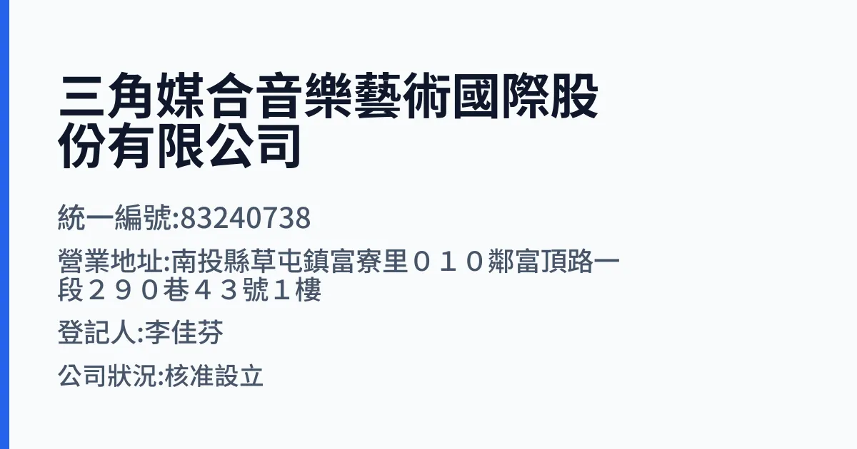 三角媒合音樂藝術國際股份有限公司 - 統編 83240738(南投縣) 公司登記資料與營業項目詳細圖表