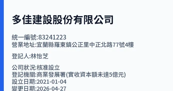 多佳建設股份有限公司的照片-統編 83241223(宜蘭縣) 公司登記資料與營業項目詳細圖表