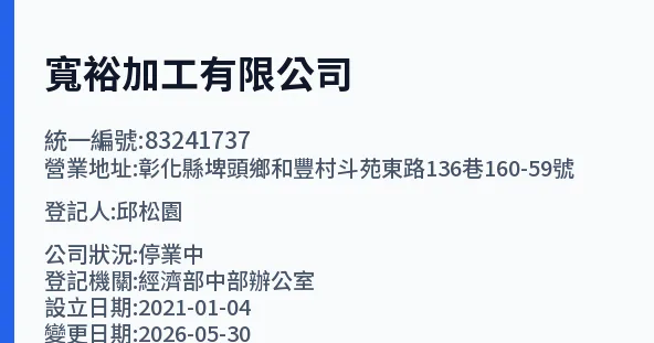 寬裕加工有限公司的照片-統編 83241737(彰化縣) 公司登記資料與營業項目詳細圖表