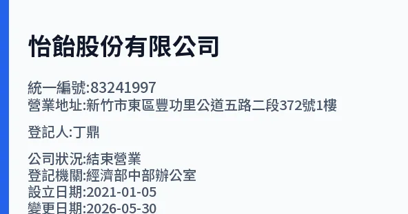 怡飴股份有限公司的照片-統編 83241997(新竹市) 公司登記資料與營業項目詳細圖表