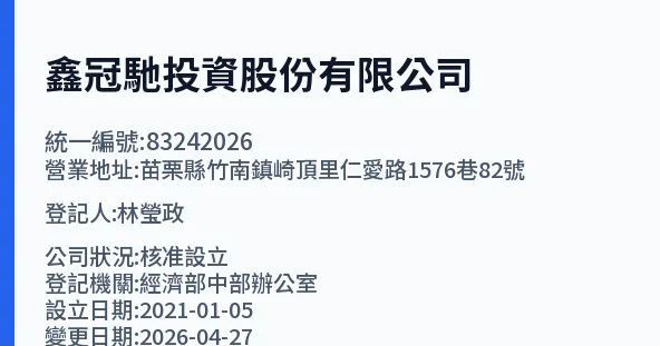 鑫冠馳投資股份有限公司的照片-統編 83242026(苗栗縣) 公司登記資料與營業項目詳細圖表