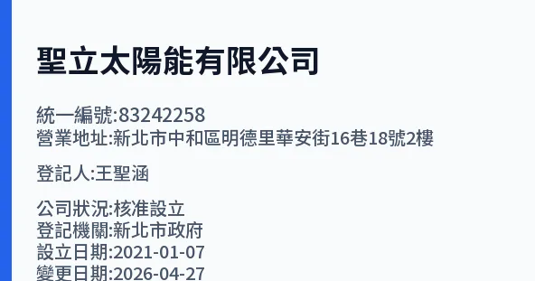 聖立太陽能有限公司的照片-統編 83242258(新北市) 公司登記資料與營業項目詳細圖表