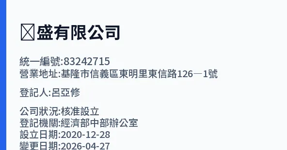 昛盛有限公司的照片-統編 83242715(基隆市) 公司登記資料與營業項目詳細圖表