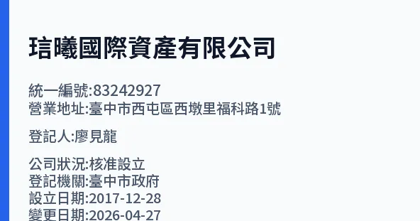 琂曦國際資產有限公司的照片-統編 83242927(臺中市) 公司登記資料與營業項目詳細圖表