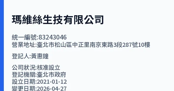 瑪維絲生技有限公司的照片-統編 83243046(臺北市) 公司登記資料與營業項目詳細圖表