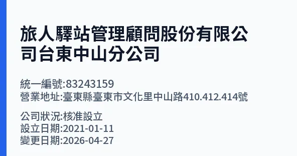 旅人驛站管理顧問股份有限公司台東中山分公司的照片-統編 83243159(臺東縣) 公司登記資料與營業項目詳細圖表