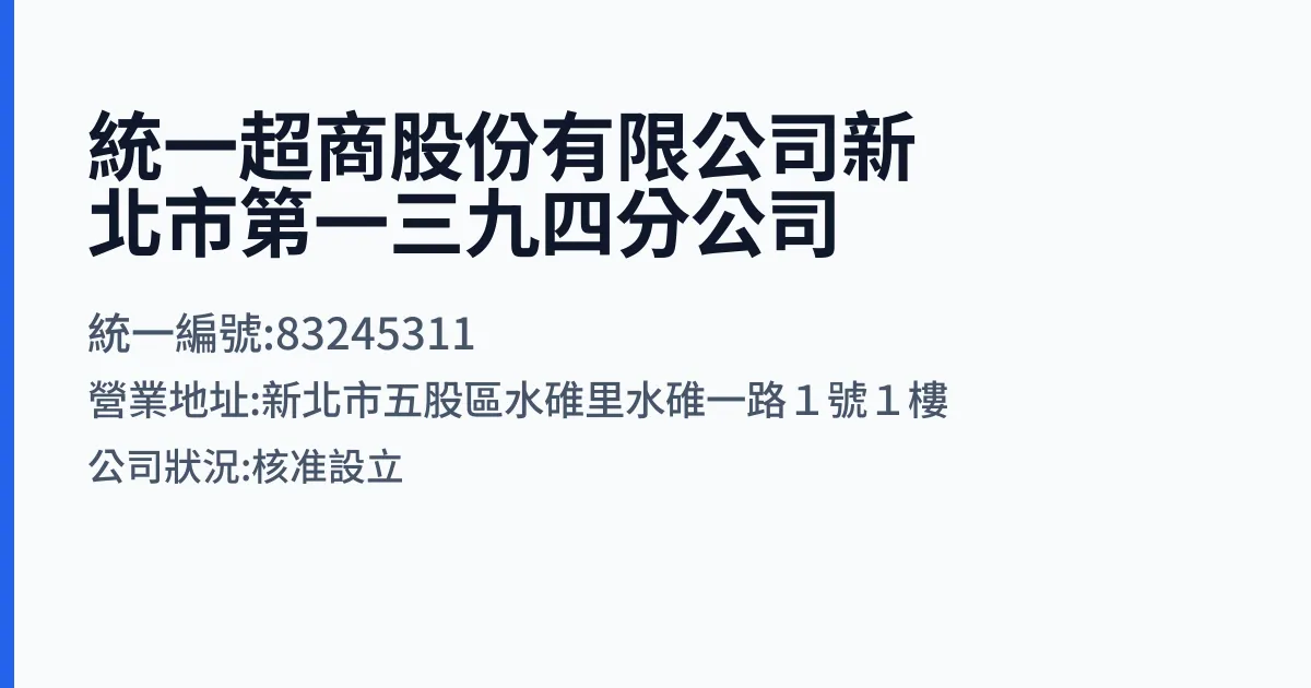 統一超商股份有限公司新北市第一三九四分公司 - 統編 83245311(新北市) 公司登記資料與營業項目詳細圖表