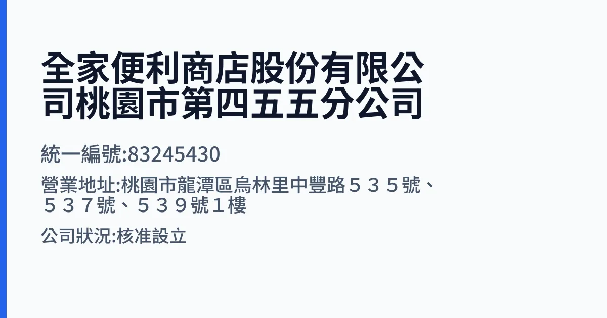 全家便利商店股份有限公司桃園市第四五五分公司 - 統編 83245430(桃園市) 公司登記資料與營業項目詳細圖表