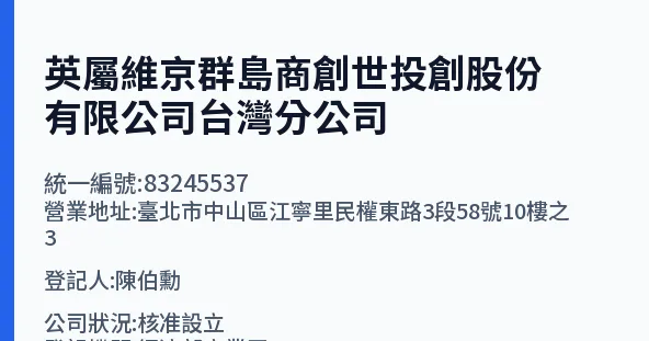 英屬維京群島商創世投創股份有限公司台灣分公司的照片-統編 83245537(臺北市) 公司登記資料與營業項目詳細圖表