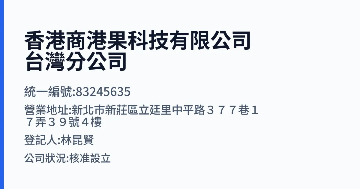 香港商港果科技有限公司台灣分公司 - 統編 83245635(新北市) 公司登記資料與營業項目詳細圖表