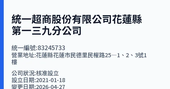 統一超商股份有限公司花蓮縣第一三九分公司的照片-統編 83245733(花蓮縣) 公司登記資料與營業項目詳細圖表