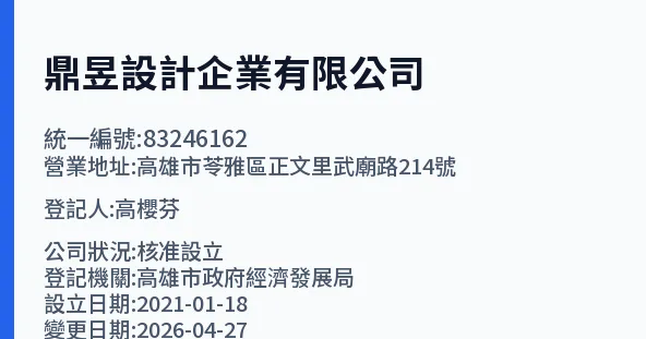 鼎昱設計企業有限公司的照片-統編 83246162(高雄市) 公司登記資料與營業項目詳細圖表
