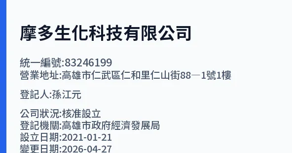 摩多生化科技有限公司的照片-統編 83246199(高雄市) 公司登記資料與營業項目詳細圖表