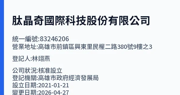 肽晶奇國際科技股份有限公司的照片-統編 83246206(高雄市) 公司登記資料與營業項目詳細圖表