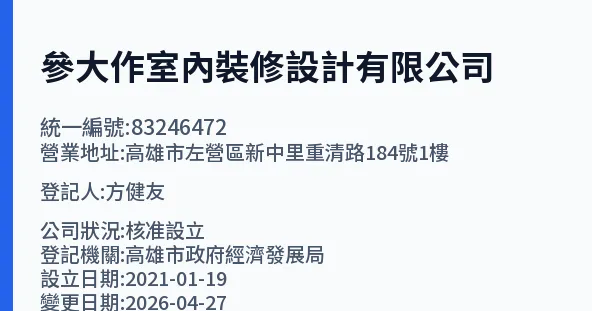 參大作室內裝修設計有限公司的照片-統編 83246472(高雄市) 公司登記資料與營業項目詳細圖表