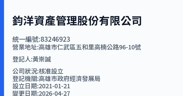 鈞洋資產管理股份有限公司的照片-統編 83246923(高雄市) 公司登記資料與營業項目詳細圖表