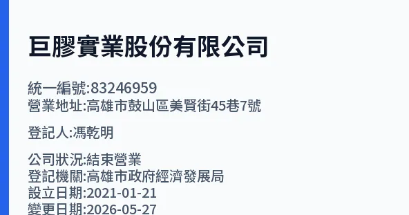 巨膠實業股份有限公司的照片-統編 83246959(高雄市) 公司登記資料與營業項目詳細圖表