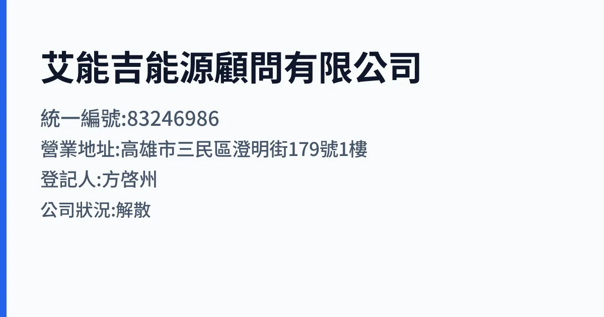 艾能吉能源顧問有限公司 - 統編 83246986(高雄市) 公司登記資料與營業項目詳細圖表