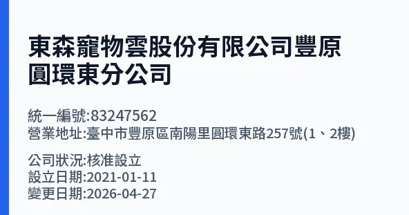 東森寵物雲股份有限公司豐原圓環東分公司的照片-統編 83247562(臺中市) 公司登記資料與營業項目詳細圖表