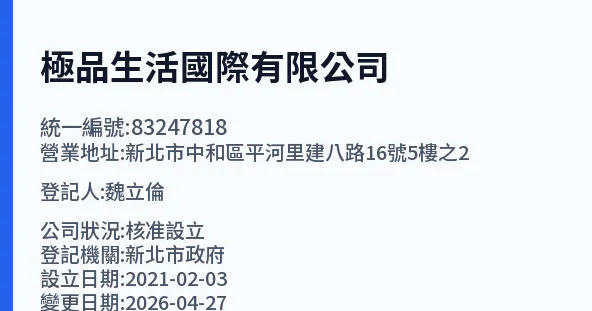 極品生活國際有限公司的照片-統編 83247818(新北市) 公司登記資料與營業項目詳細圖表