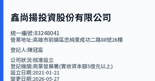 鑫尚揚投資股份有限公司的照片-統編 83248041(高雄市) 公司登記資料與營業項目詳細圖表