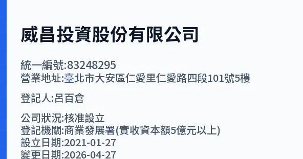 威昌投資股份有限公司的照片-統編 83248295(臺北市) 公司登記資料與營業項目詳細圖表