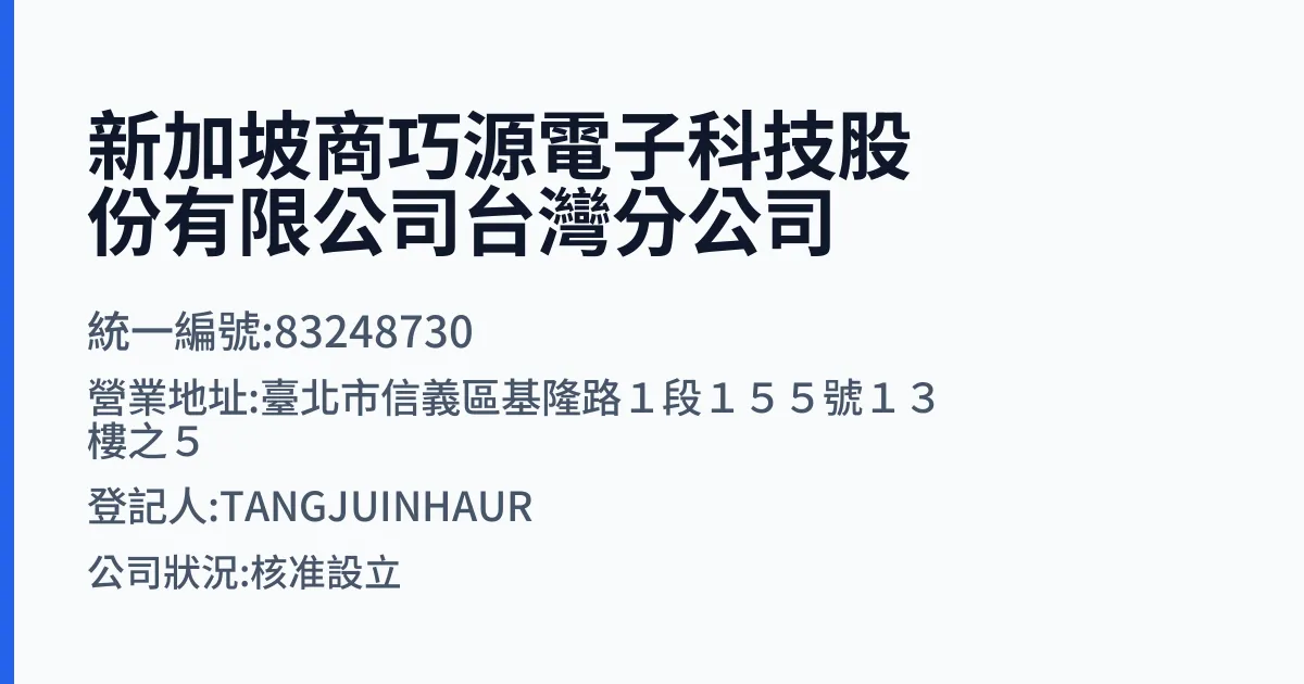 新加坡商巧源電子科技股份有限公司台灣分公司 - 統編 83248730(臺北市) 公司登記資料與營業項目詳細圖表
