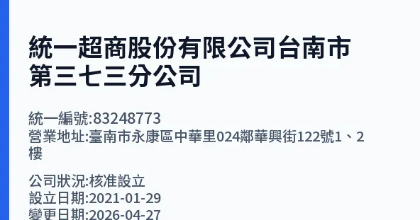 統一超商股份有限公司台南市第三七三分公司的照片-統編 83248773(臺南市) 公司登記資料與營業項目詳細圖表
