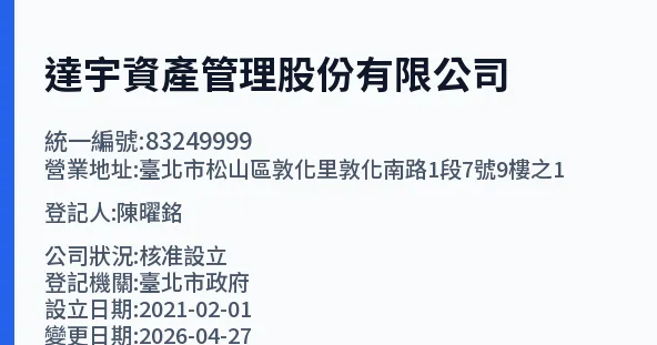 達宇資產管理股份有限公司的照片-統編 83249999(臺北市) 公司登記資料與營業項目詳細圖表