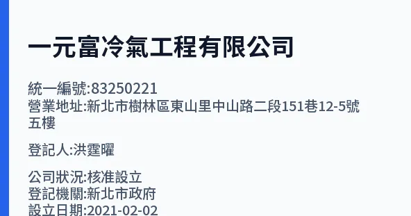 一元富冷氣工程有限公司的照片-統編 83250221(新北市) 公司登記資料與營業項目詳細圖表