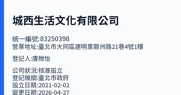 城西生活文化有限公司的照片-統編 83250398(臺北市) 公司登記資料與營業項目詳細圖表