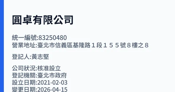 圓卓有限公司的照片-統編 83250480(臺北市) 公司登記資料與營業項目詳細圖表