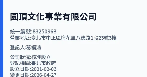 圓頂文化事業有限公司的照片-統編 83250968(臺北市) 公司登記資料與營業項目詳細圖表