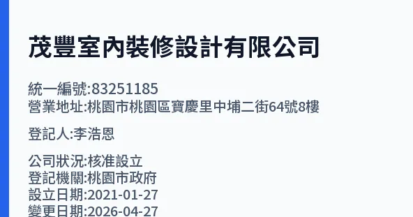 茂豐室內裝修設計有限公司的照片-統編 83251185(桃園市) 公司登記資料與營業項目詳細圖表