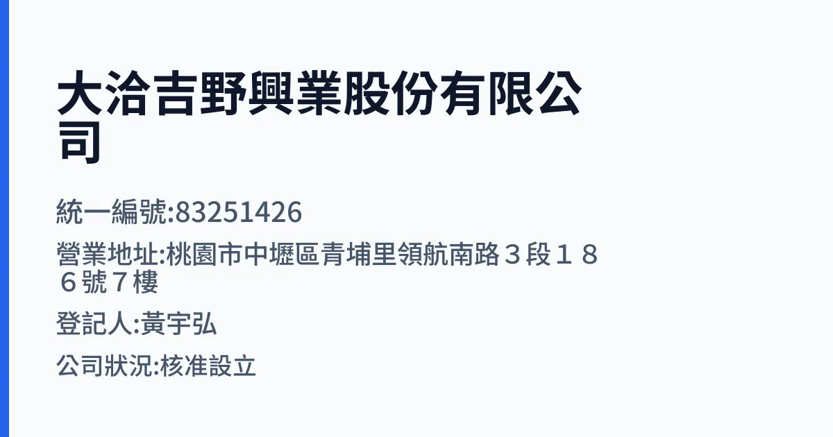 大洽吉野興業股份有限公司 - 統編 83251426(桃園市) 公司登記資料與營業項目詳細圖表