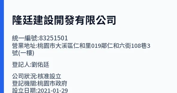 隆廷建設開發有限公司的照片-統編 83251501(桃園市) 公司登記資料與營業項目詳細圖表