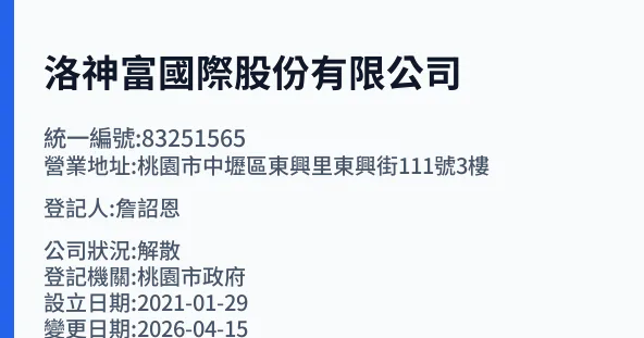 洛神富國際股份有限公司的照片-統編 83251565(桃園市) 公司登記資料與營業項目詳細圖表