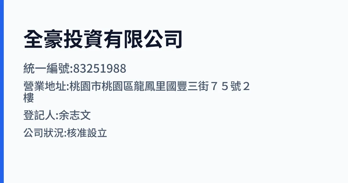 全豪投資有限公司 - 統編 83251988(桃園市) 公司登記資料與營業項目詳細圖表