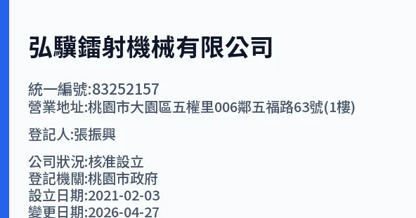 弘驥鐳射機械有限公司的照片-統編 83252157(桃園市) 公司登記資料與營業項目詳細圖表
