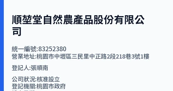 順堃堂自然農產品股份有限公司的照片-統編 83252380(桃園市) 公司登記資料與營業項目詳細圖表