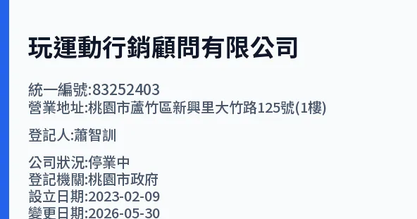 玩運動行銷顧問有限公司的照片-統編 83252403(桃園市) 公司登記資料與營業項目詳細圖表