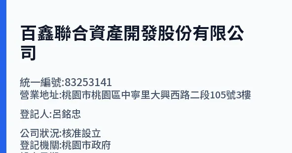 百鑫聯合資產開發股份有限公司的照片-統編 83253141(桃園市) 公司登記資料與營業項目詳細圖表