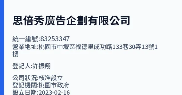 思倍秀廣告企劃有限公司的照片-統編 83253347(桃園市) 公司登記資料與營業項目詳細圖表