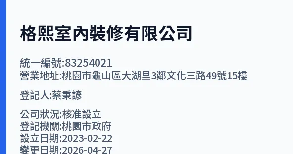 格熙室內裝修有限公司的照片-統編 83254021(桃園市) 公司登記資料與營業項目詳細圖表